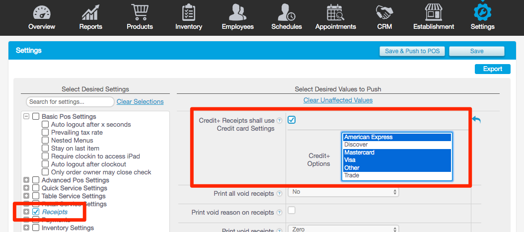 Credit+ Receipt Settings