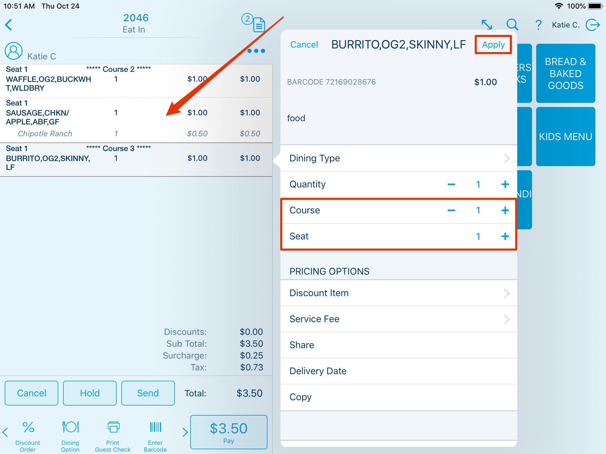 Quick Course/Seat Menu