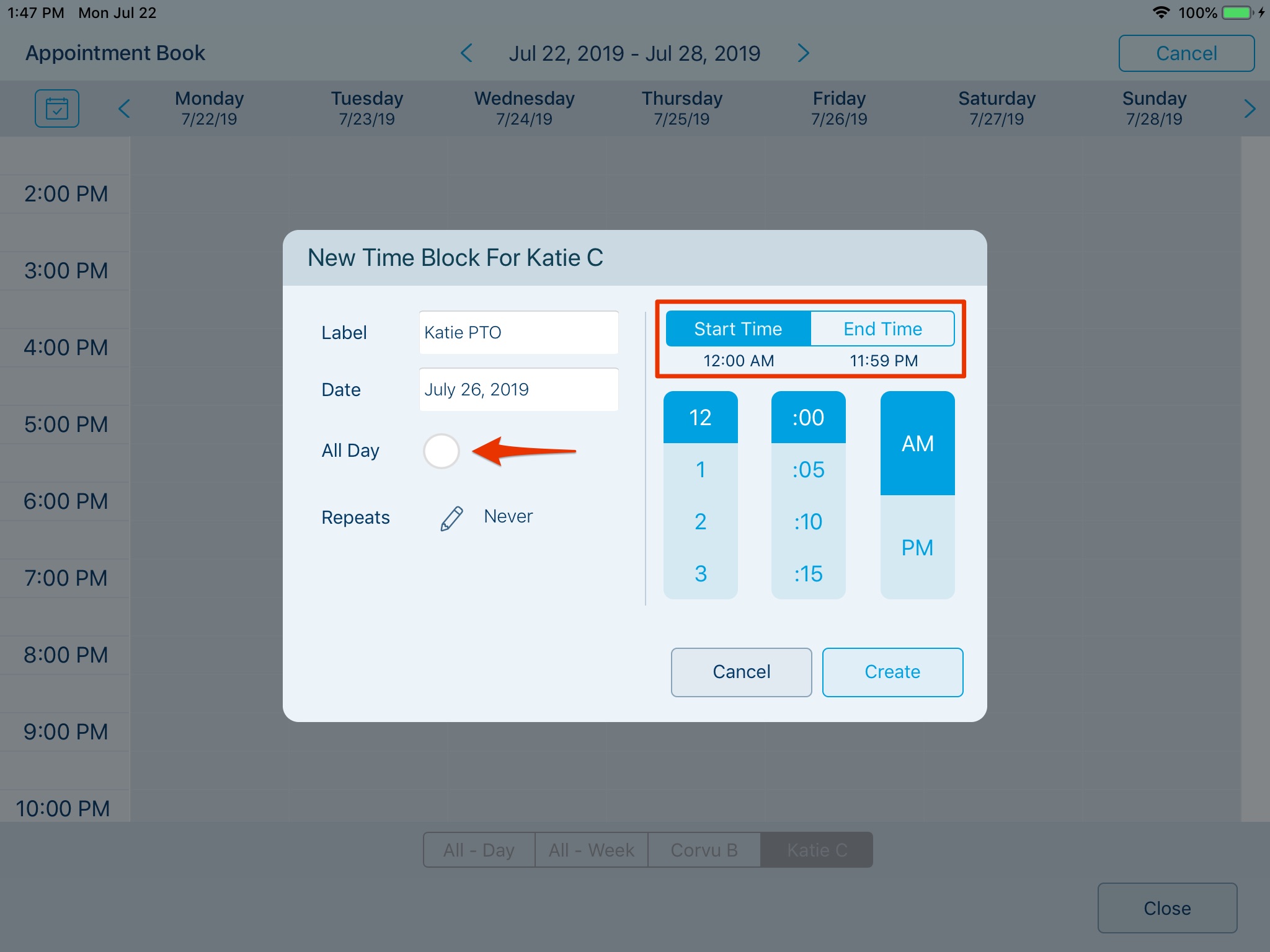 Reservations: Creating a Time Block