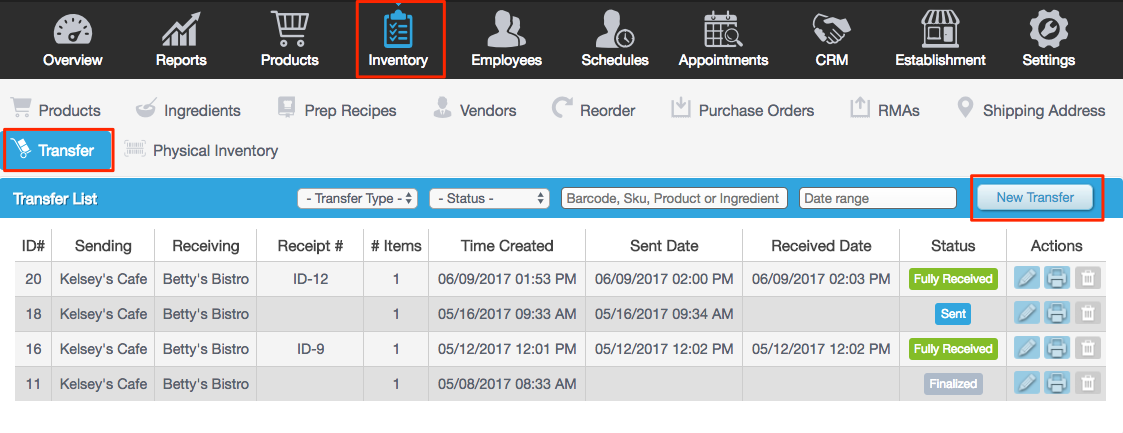 Multi-Establishment Inventory Transfer