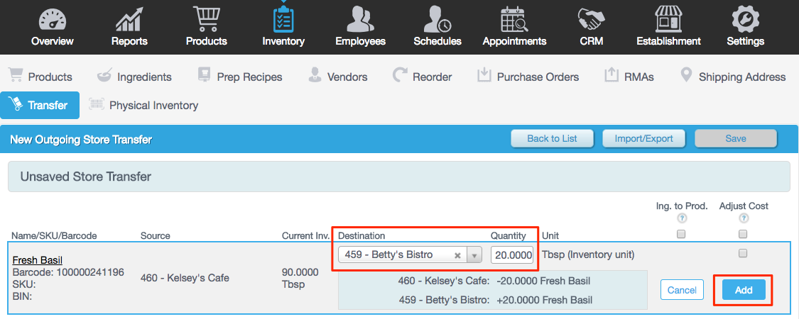 Multi-Establishment Inventory Transfer