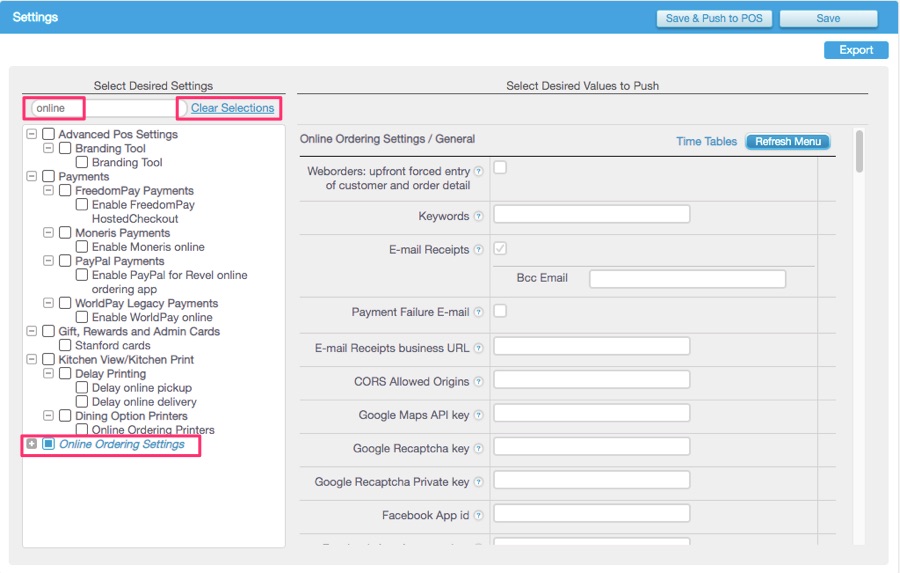 Online Ordering: Settings