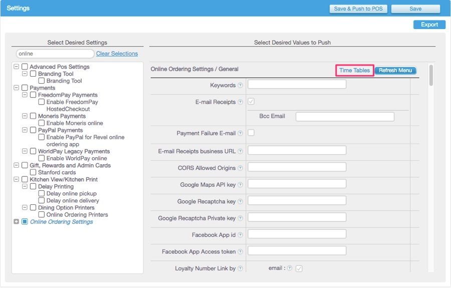 Online Ordering: Settings